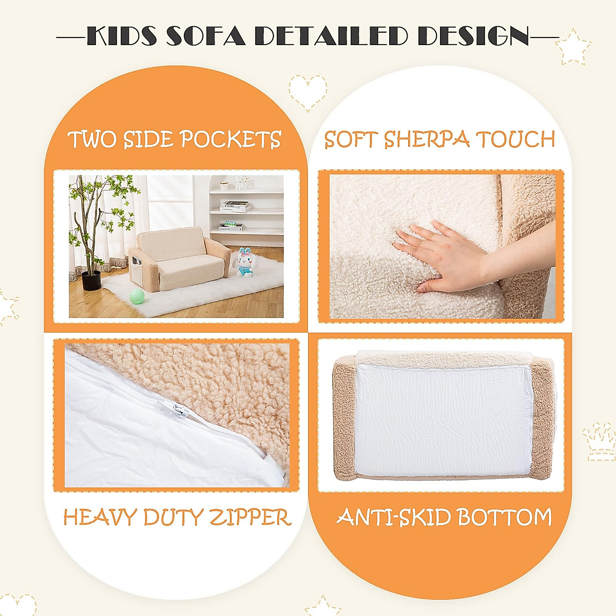 SUFUS Baby Toddler Sofa Couch for Kids Extra Wide 2-in-1 Toddler Sherpa Fold Out Couch Bed for Playroom, Pull Out Children Convertible Sofa to Lounger for Boys & Girls with Double Pockets, Khaki-Cream