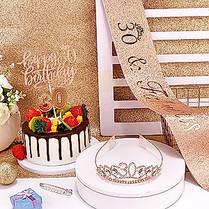 30th Birthday Decorations for Girls, Rose Gold Sweet Rhinestone Tiara Crown, Happy Birthday Cake Toppers, Birthday Queen Sash with Pearl Pin, Number Candles