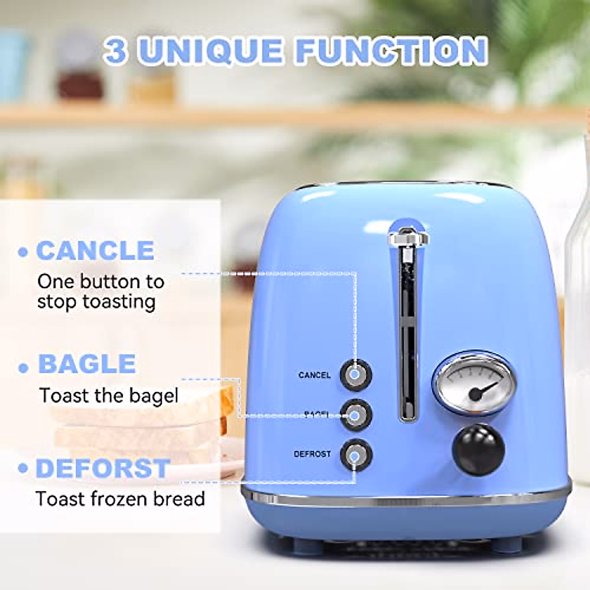 Toaster 2 slice, KitchMix Retro Stainless Steel Toaster with 6 Settings, 1.5 In Extra Wide Slots, Bagel/Defrost/Cancel Function, Removable Crumb Tray (Blue)