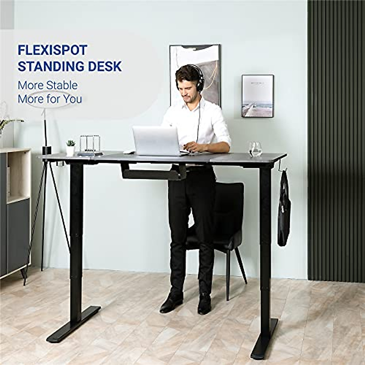 FLEXISPOT EP4 Classic Electric Standing Desk 63"x30" Inches Dual Motor 3 Stages Height Adjustable Desk Stand Up Desk with USB Charging Port and Hooks Sit Stand Desk, Black Frame & Black/Greystone Top
