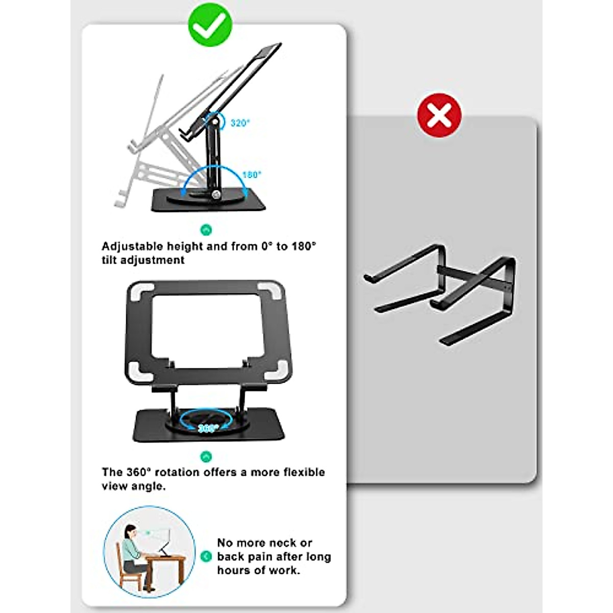 meatanty Laptop Stand, Ergonomic 360° Swivel Laptop Stand for Desk, Adjustable Metal Computer Stand, Foldable and Portable Laptop Riser Holder for MacBook, iPad Pro, 10-17" Laptops - Black