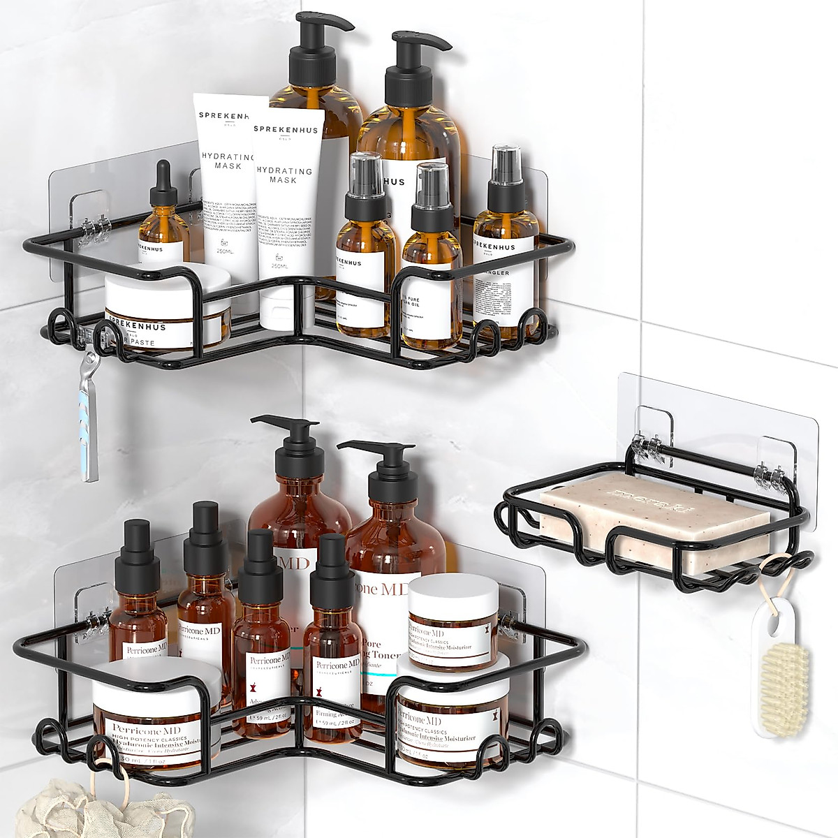 YASONIC Corner Shower Caddy Adhesive, 3 Packs Shower Organizer with Soap Holder and 12 Hooks, Rustproof Corner Shower Shelves, No Drilling Shower Shelf for Inside Shower (Bright Black)