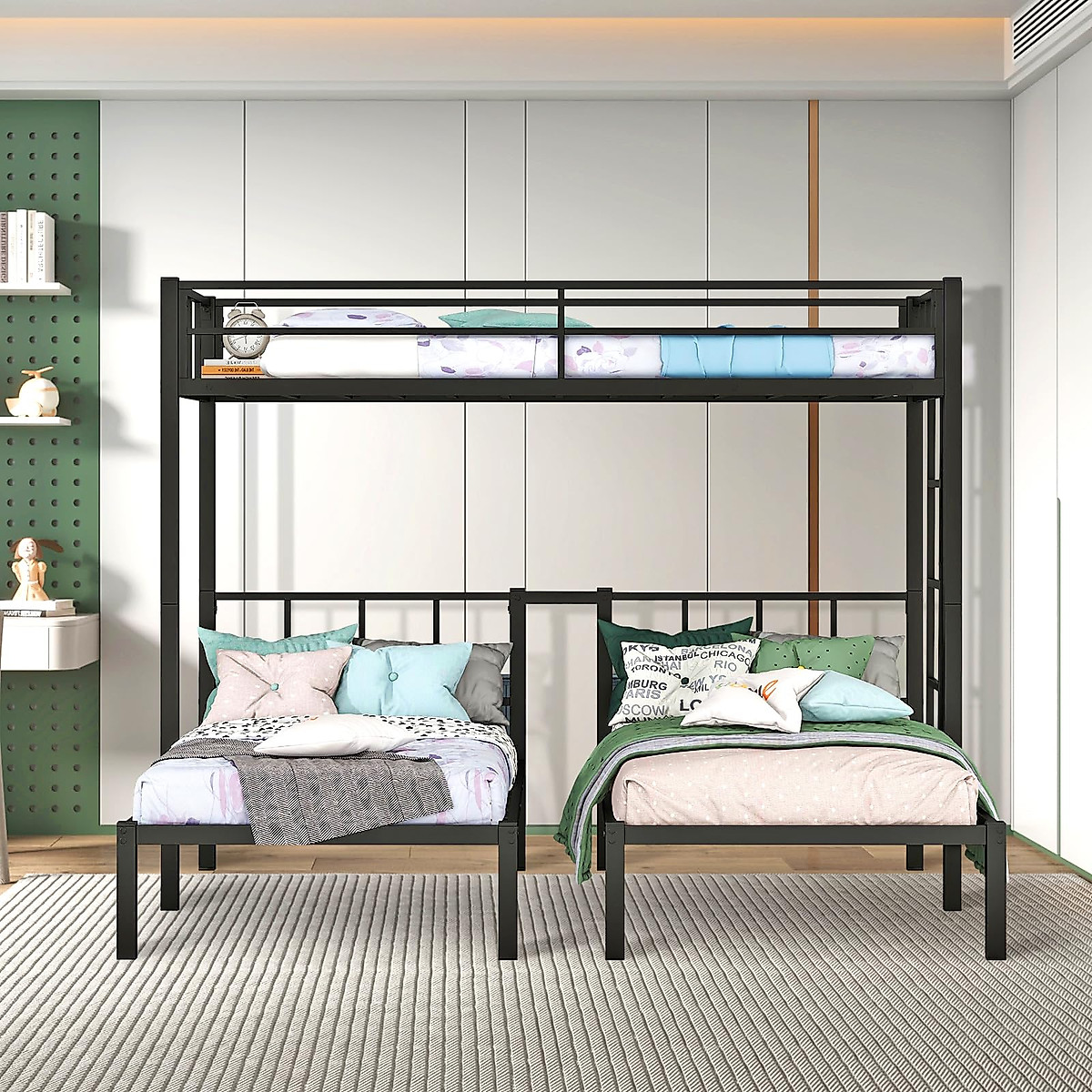 Triple Bunk Beds with Built-in Ladder, Twin Size Metal Bunkbeds w/Ladders and Full-Length Guardrails for Kids, Boys, Girls, Teens, Divided into 3 Separate Beds