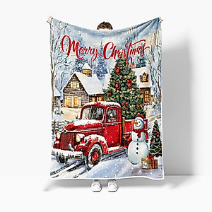 Merry Christmas Blanket, Vintage Red Truck Xmas Tree Winter Snow Snowman Rustic Retro Farmhouse Throw Blanket, for Kids Lightweight Soft Plush Blankets Couch Sofa Bed Blanket 50"X60"in