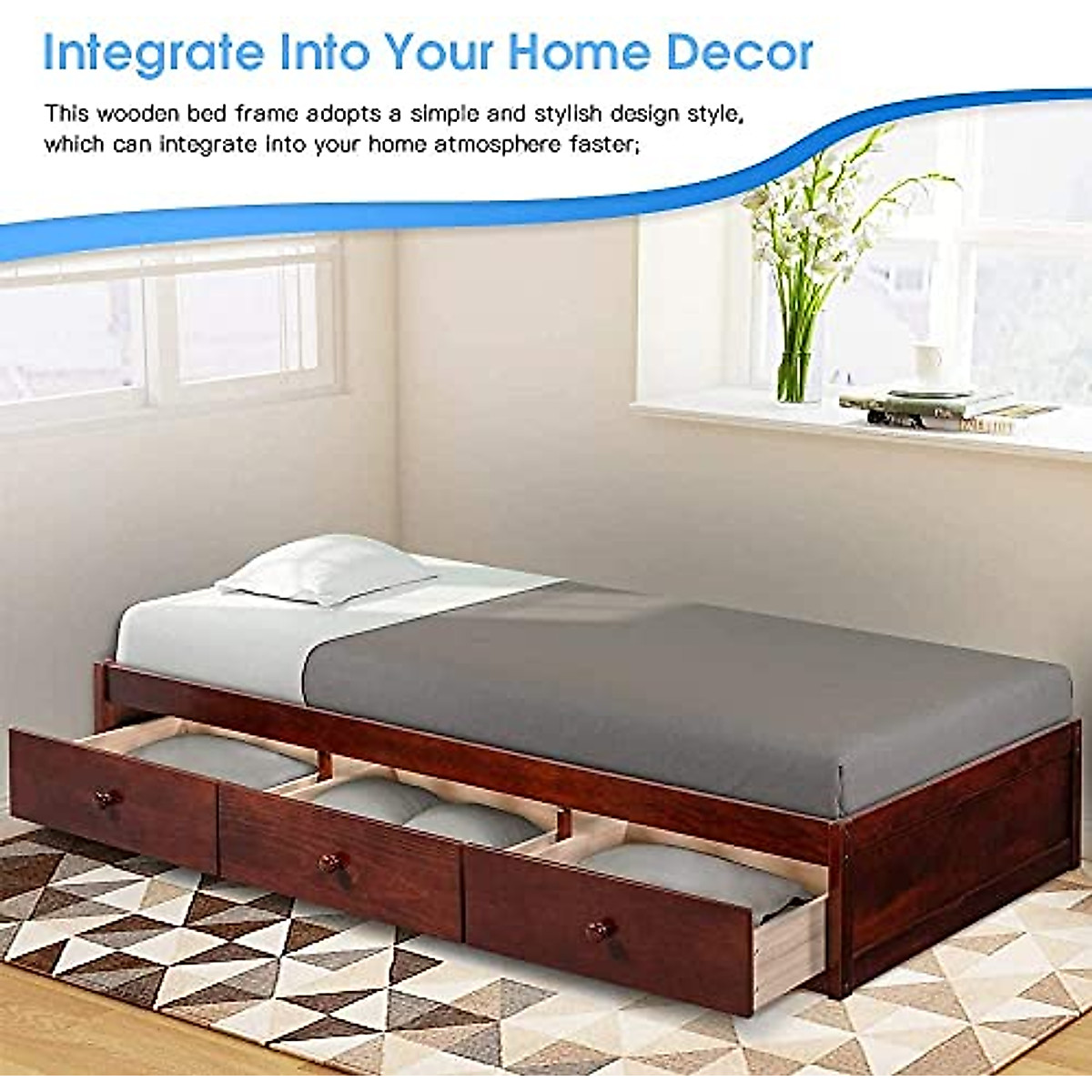 Hooseng Twin Size Platform Storage Bed with 3 Drawers,No Box Spring Needed, Brown Cherry