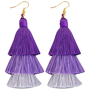 SUNYIK Gradual Purple Color Tiered Thread Layered Tassel Dangle Earrings for Women