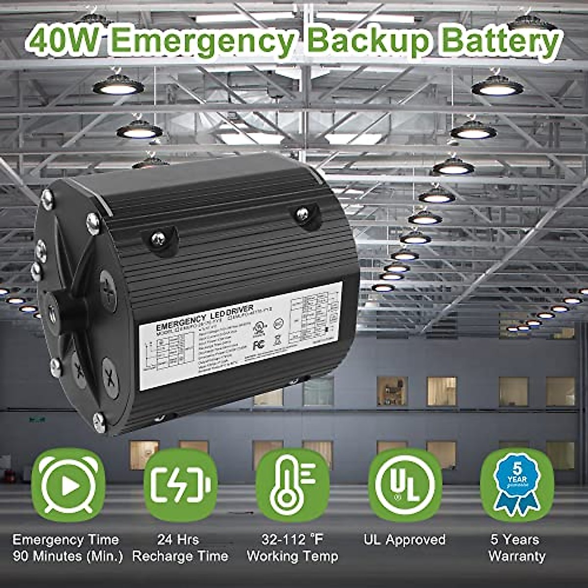 40W Emergency Backup Battery, EM 90 Minutes Emergency Backup Driver for UFO High Bay Lights, Output 170V DC, Input 100-347V AC