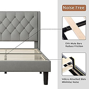 Feonase Upholstered Queen Bed Frame with Wingback, Platform Bed with Diamond Tufted Headboard, Heavy Duty Bed Frame, Wood Slat, Easy Assembly, Noise-Free, No Box Spring Needed, Light Gray