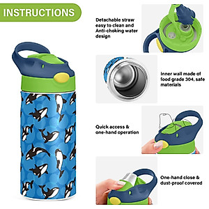 ALAZA Orca Killer Whale on Blue Background Kids Water Bottles with Lids Straw Insulated Stainless Steel Water Bottles Double Walled Leakproof Tumbler Travel Cup for Girls Boys Toddlers 12 oz / 350 ml,