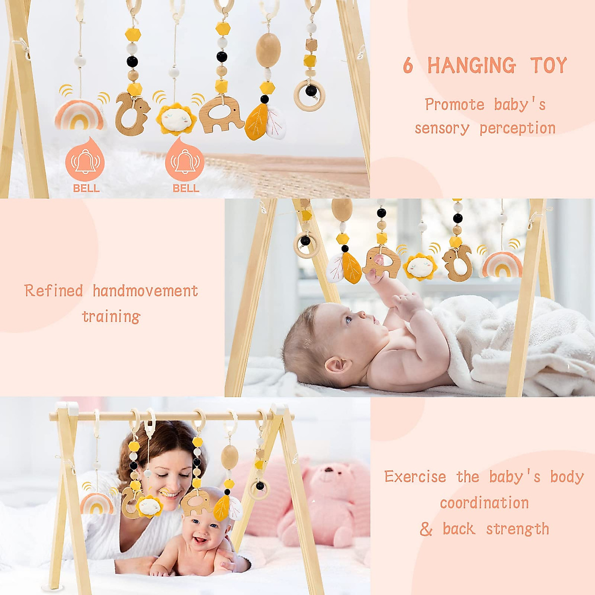 Frogprin Wooden Baby Gym with 6 Hanging Toys, Foldable Wooden Play Gym for Babies 0-12 Month, Baby Play Gym Frame Activity Gym Hanging Bar Newborn Gift Baby Girl and Boy Gym (Natural Pine Wood)