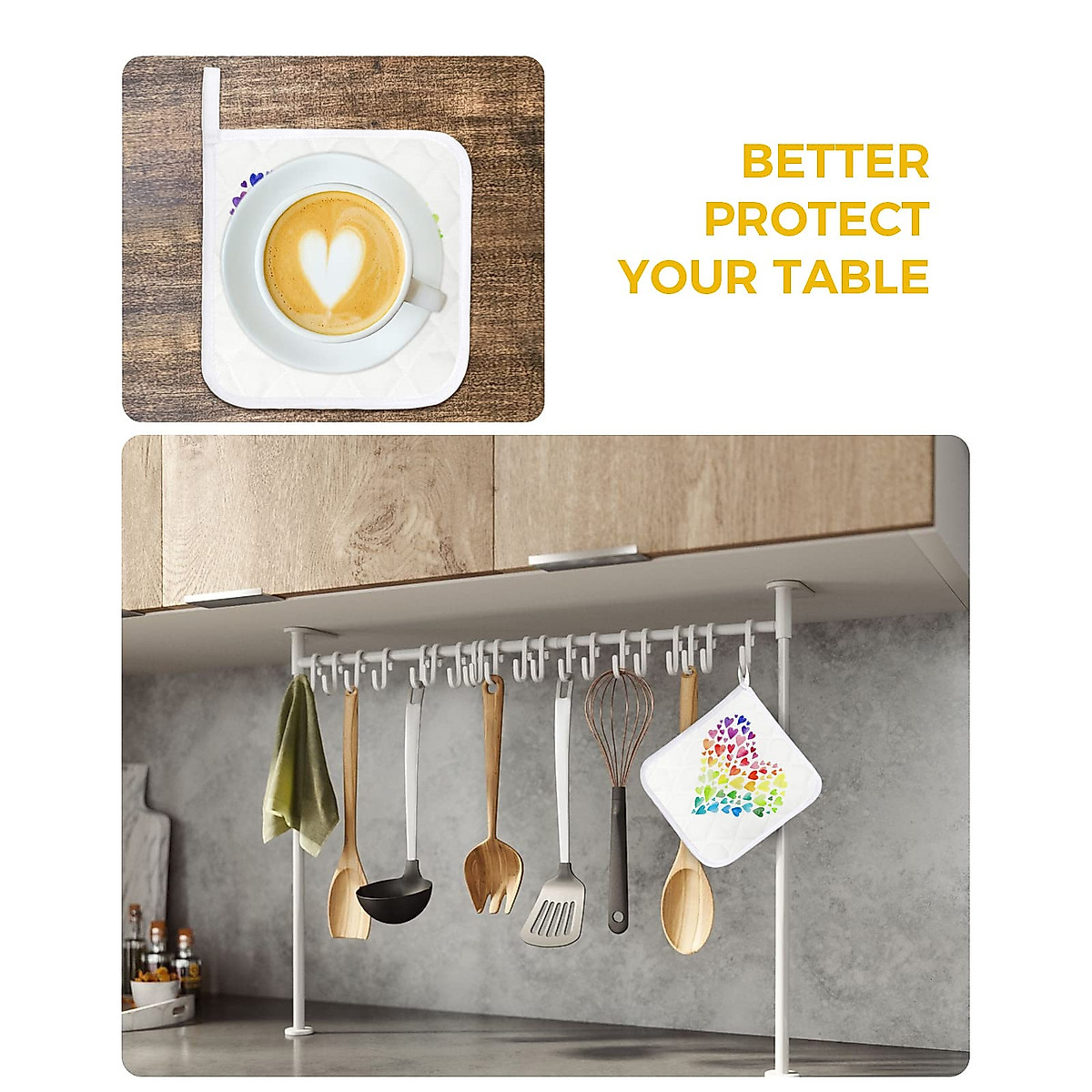 Pot Holders for Kitchen Colorful Rainbow Love Heart Heat Resistant Potholders Summer Romantic Hot Pads Non Slip Kitchen Pot Holders Set of 2 for BBQ Cooking Baking Grilling