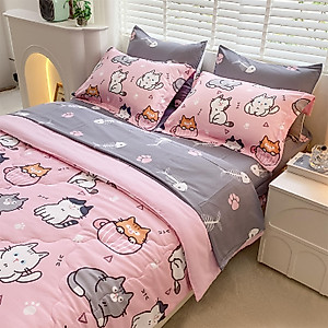 Gusuhome 7 Piece Girls Cats Comforter Set Twin Size Bed in A Bag Pink Cute Cartoon Pet Cat Bedding Set for Kids Boys Teens (1 Comforter, 1 Flat Sheet, 1 Fitted Sheet, 4 Pillow Sham) Gray