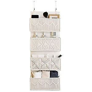 janebeauties Over The Door Organizer Boho Decor Wall Mount Hanging Storage Macrame Closet Organizers with 4 Large Pockets, Woven Pockets Behind Door Organizer for Nursery, Bathroom, Bedroom