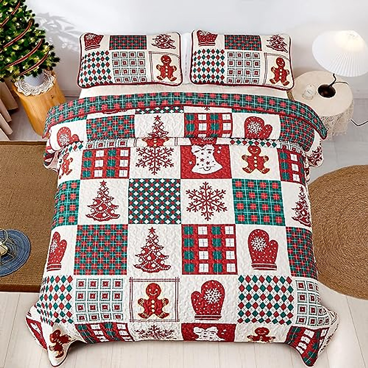 Christmas Quilt Set King,3 Pieces Reversible Christmas Tree Gloves Snowman Snowflake Pattern Bedspread Xmas Plaid Bedding Coverlet with 2 Pillowcases 104”x90”