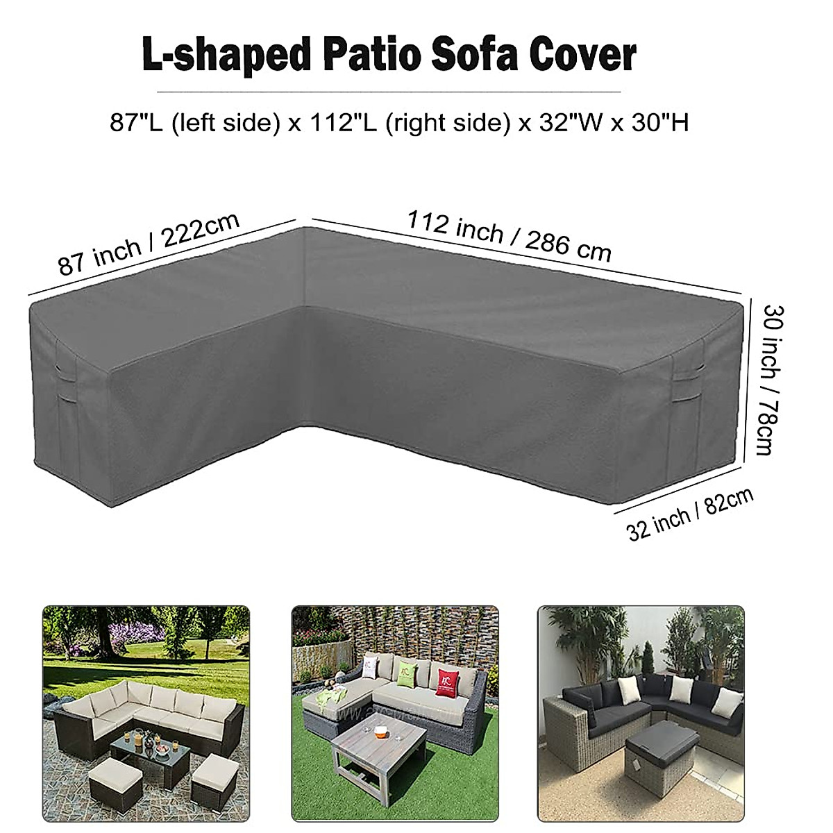 SUNSURE Patio L-Shaped Sectional Couch Sofa Cover Waterproof Outdoor Furniture Cover 420D Heavy Duty V-Shaped Sectional Couch Cover Gray Lawn Garden Furniture Set Covers with Buckle Strap (87"x112")