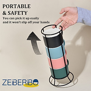 ZEBERBO Ceramic Cappuccino Cup, Espresso Cups Set of 4 with Metal Stand, 8 oz Stackable Porcelain Coffee Mugs, Demitasse Cappuccino Cups Set for Latte,Coffee,Cafe Mocha,Tea, Cafe Mocha 4