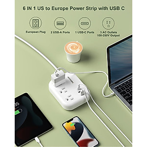 European Travel Plug Adapter with USB C, ROOTOMA Outlet Converter US to Europe 3 Outlets 3 USB Ports, International Power Strip for EU Spain France Germany Iceland Greece, 3ft, White