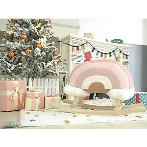 Hopscotch Squad Rainbow Rocker Fully Assembled Natural Wood Rocking Horse with Soft Fleece Pink Puffy Plush Clouds