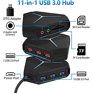 Daakro 10-Port USB Hub 3.0/2.0, USB C Hub with 3.2ft/1m Long Cord, SD/TF Card Reader, USB Splitter for Laptop, Keyboard, Mouse, Mac, PC, Ipad Pro, Surface Pro and USB C Devices