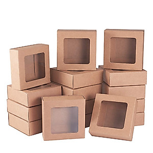 BENECREAT 20 Packs 3.5x3.5x1.2 Square Kraft Paper Gift Boxes Drawer Box with PVC Window Lid for Chrismas Party Favor Treats Bakery and Candy