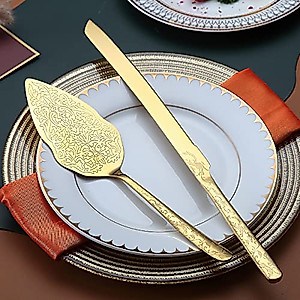 Berglander Gold Wedding Cake Knife and Server Set, Titanium Gold Plating with Unique Pattern Design Cake Cutter Serving Set Perfect for Wedding, Birthday, Parties and Events Dishwasher Safe
