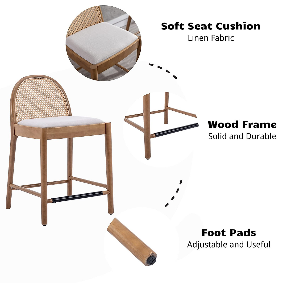 HEAH-YO Modern Counter Stools Set of 2, 26 Inches Counter Height Bar Stools with Rattan Backrests and Wood Frame, Comfy Kitchen Stools for Island, Beige