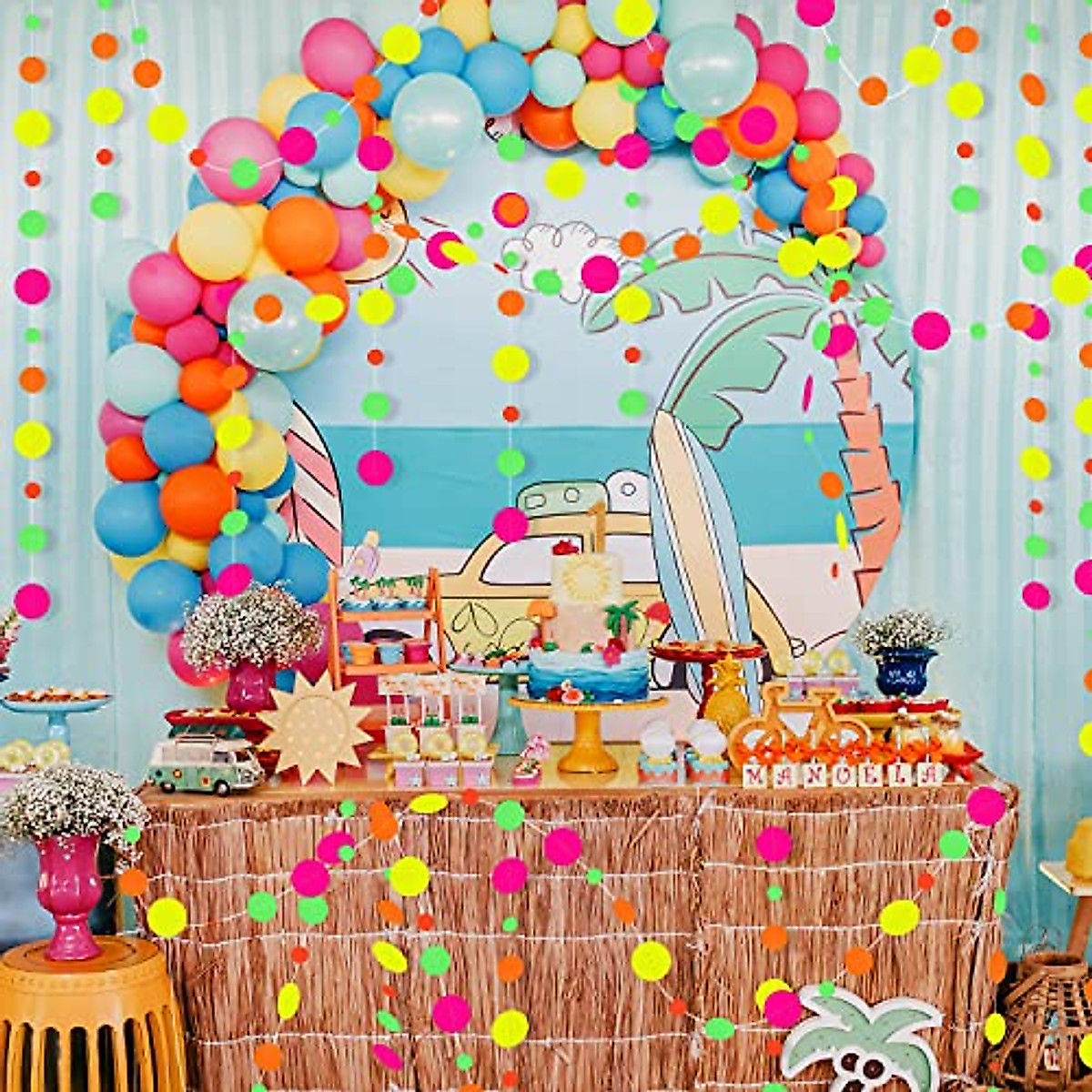 90feet Paper UV Neon Round Dot Garland Neon Streamers in The Dark Party Supplies Black Light Decorations for Wedding Birthday Glow Party Supplies and Decorations UV Reactive Neon Party Favors