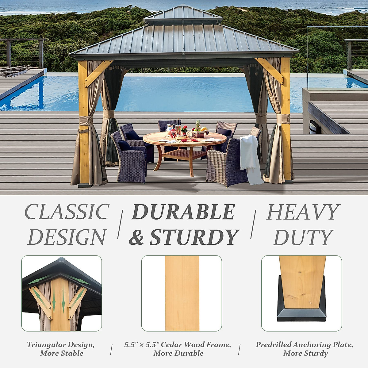 Domi 12' X 12' Wood Gazebo, Cedar Frame Hardtop Gazebo with Galvanized Steel Double Roof, Netting & Curtains, Patio Pergola Pavilion for Patio, Backyard, Deck, Lawns