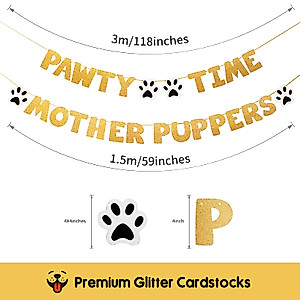 Pre-Strung Let's Pawty Dog Birthday Party Supplies, Pawty Time Mother Puppers,Funny Gold Glitter Puppy Dog Birthday Banner For Party Decorations Girl Boy, Cute Puppy Pets Paw Pennant Sign Deco