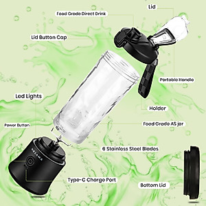 20 Oz Portable Blender, Personal Size Blender for Shakes and Smoothies, Mini Blender Cup with Rechargeable USB, Baby Food Blender, Smoothie, Juicer with 6 Blades for Home, Kitchen, Travel, Sports (Black)