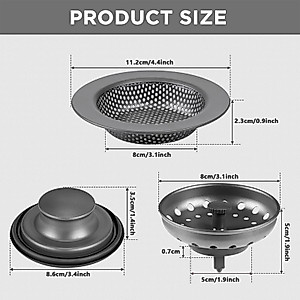 Mudder 3 Pcs Kitchen Sink Drain Strainer and Stopper Stainless Steel Garbage Disposal Plug with Handle Universal Anti-Clogging Kitchen Sink Filter Sieve Basket Strainer(Graphite Gray)