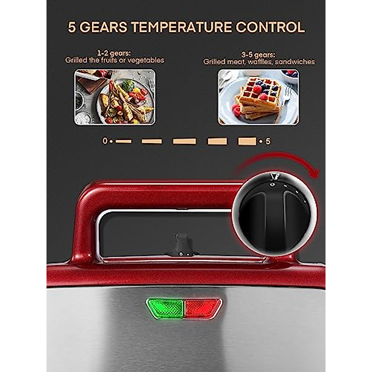 FOHERE Waffle Maker 3 in 1 Sandwich Maker 1200W Panini Press With Removable Plates and 5-gear Temperature Control, Non-stick Coating Easy to Clean,Indicator Lights, Red