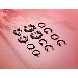 Ylqjksk Surgical Steel septum jewelry 16G helix piercing jewelry daith piercing jewelry smiley piercing jewelry rook piercing jewelry tragus piercing jewelry For Women Men Retainer，Black Tone