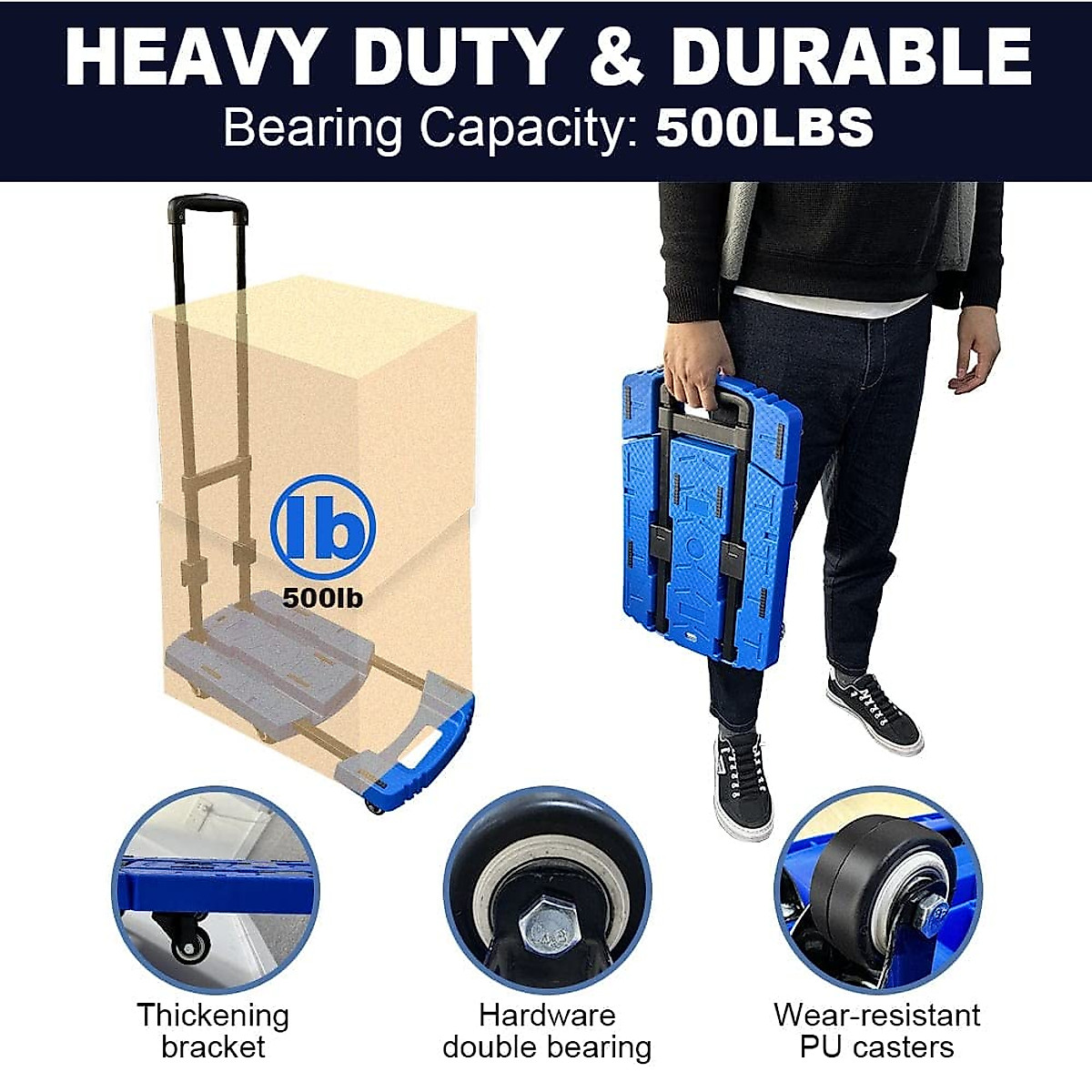 ShiningShow Foldable Hand Platform Truck, 500 LB Heavy Duty Exhibition Cart, Black Utility Dolly Platform Cart with 6 Wheels for Luggage, Personal, Travel, Auto, Moving & Office Use