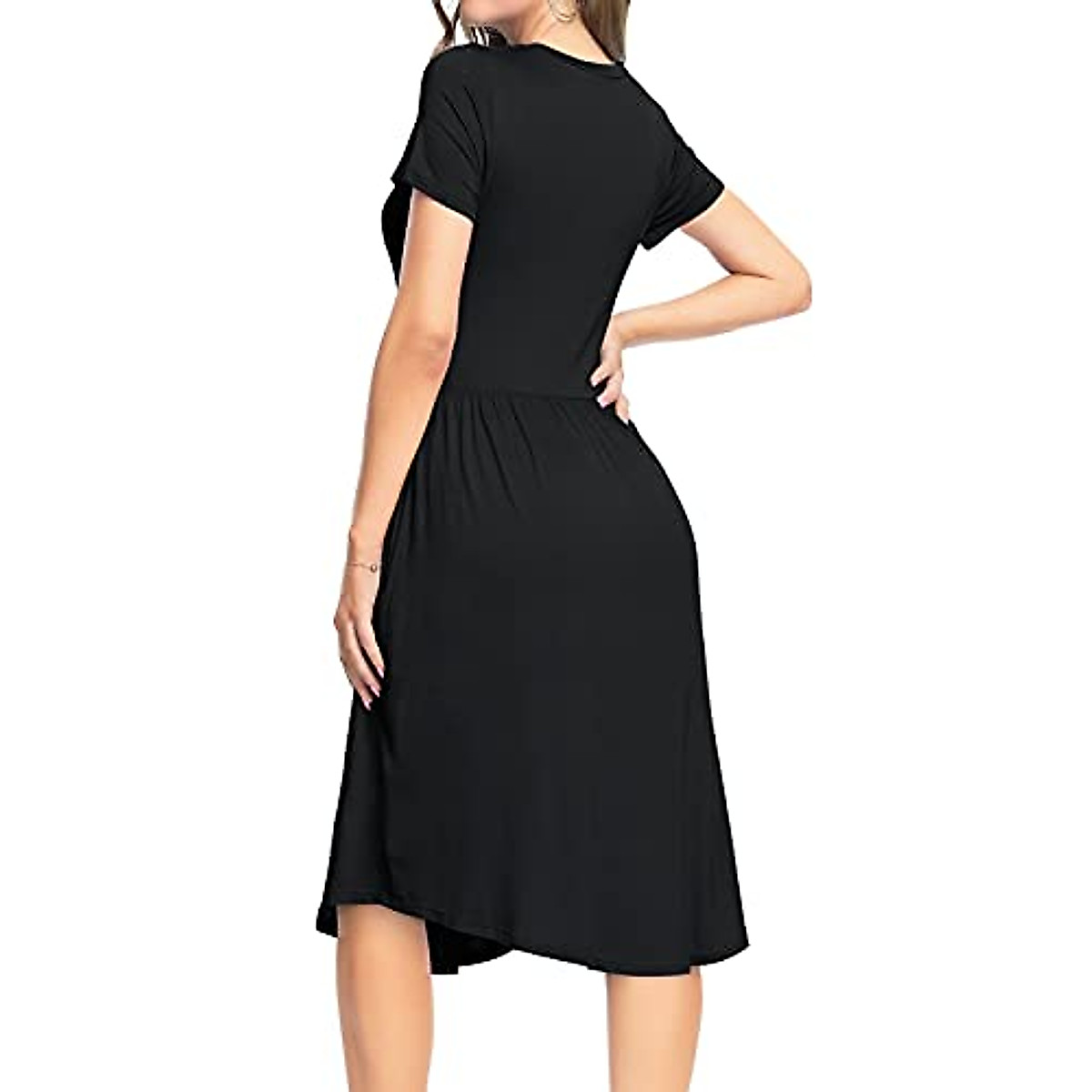 YUNDAI Women Summer Pockets Modest Teacher Casual Flowy Midi Knee Length Dress X-Large, Plain Black