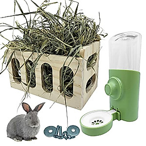 WEWAYKGJ Rabbit Hay Feeder Wooden Hay Rack Automatic Water Bottle Less Wasted Hay Feeder for Rabbit Bunny Chinchillas Guinea Pig Small Animal Supplies (Horizontal)