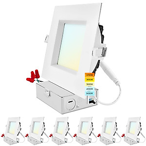 LUXRITE 6 Inch Square LED Recessed Ceiling Light with Junction Box, 18W, 5CCT Selectable 2700K/3000K/3500K/4000K/5000K, 1800LM High Brightness, Dimmable Canless Downlight, Wet Rated, ETL (6 Pack)