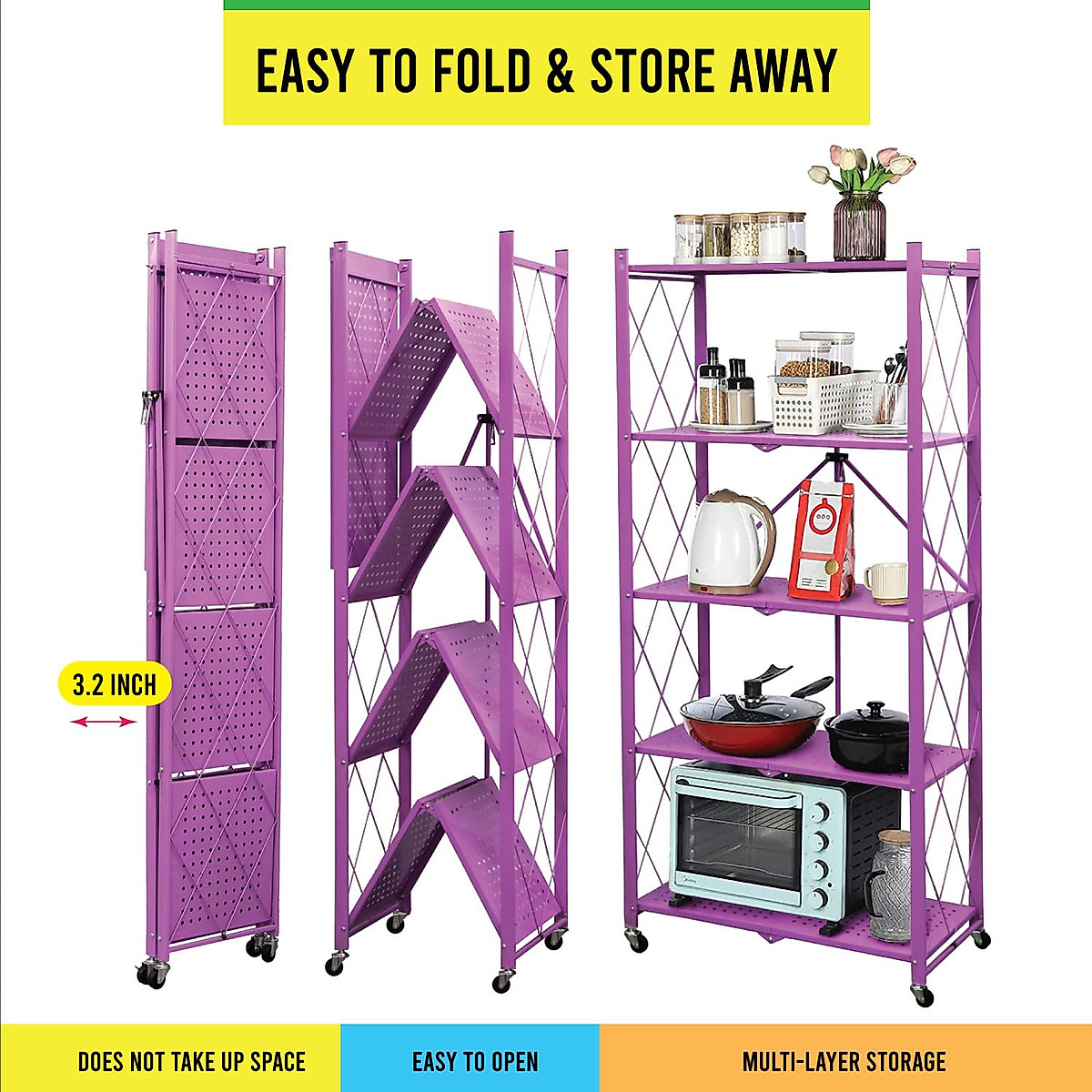Letusto Foldable Collapsible Shelf with Wheels & Breaks - Folding Shelf Heavy Duty Metal Frame Pantry Shelving Unit - Origami Bookcase - No Assembly Bookshelf (Purple, 5 Tier)