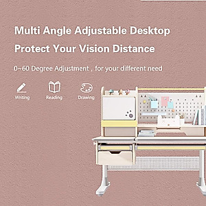 FCD Desk for Gilrs and Boys, Wood Adjustable Height Ergonomic Kids Study Desk with Pull Out Drawers, Tablet Holder, Tiltable Desktop and Large Bookshelf