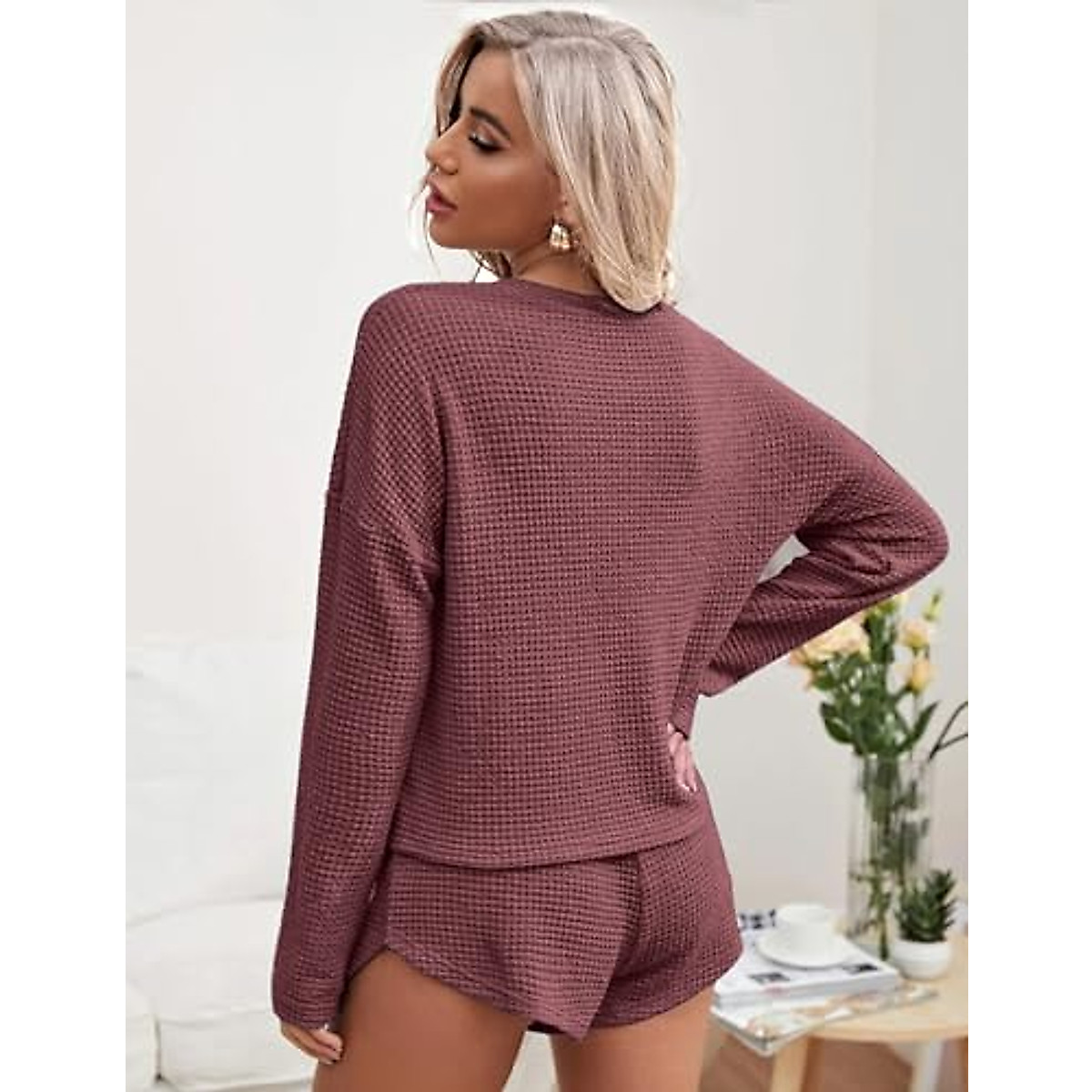 Ekouaer Womens Waffle Knit Pajama Sets Long Sleeve Top and Shorts Matching Lounge Set Sleepwear Loungewear Sweatsuit with Pockets Burgundy Small
