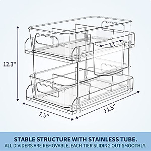 DOMNIU 2 Tier Clear Organizer with Dividers, Pantry Organization and Storage Multi Purpose Slide-Out Bathroom Organizer, Kitchen Pantry Medicine Cabniet Bins, Under Sink Organizer with Hanging Cup