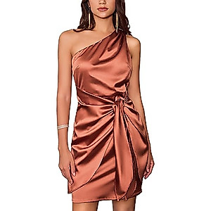 GRACE KARIN Satin Dresses for Women 2023 Elegant Wedding Guest Sleeveless One Shoulder Mini Dress Brown