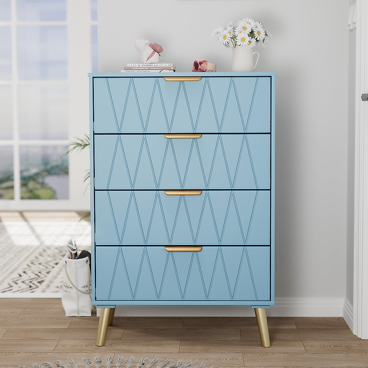 NOVALLA 4 Drawer Dresser, Chest of Drawers, Modern Dresser with Storage, Organizer Unit for Bedroom, Living Room, Hallway, Entryway, Closet(Blue)