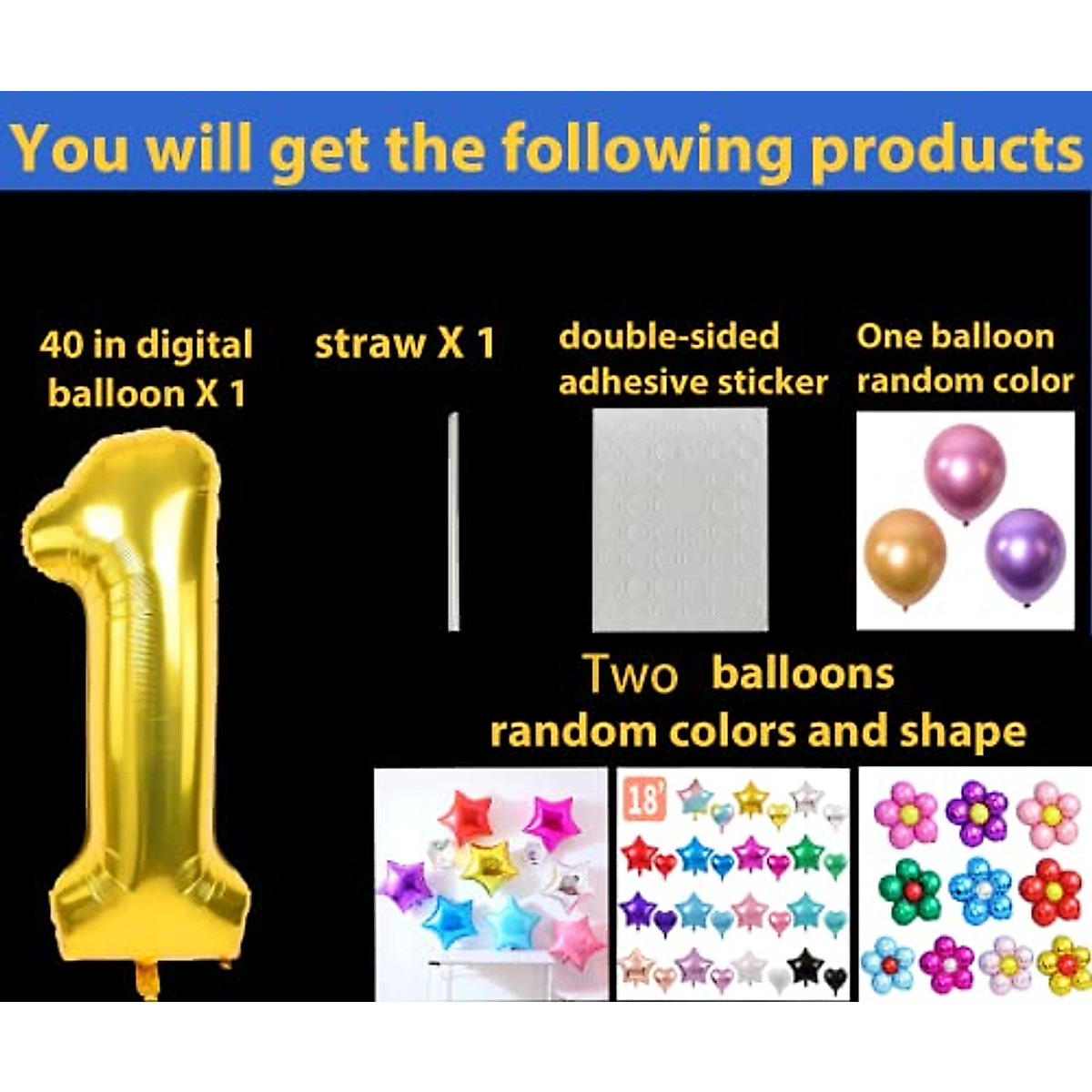 1Pcs 40 Inch Gold Number Balloon +3 Pcs Random Balloons, Number 1 Huge Digital Balloons (0-9), Foil Mylar Big Digital Number Balloon for Wedding, Christening, Anniversary, Birthday Decorations