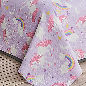 Girls Quilt Bedding Twin Size Bedspread Unicorn Bedding Kids Quilt Bedspread Twin Quilts Girls Bed Set Lightweight Reversible Quilt Girls Bedspread Coverlet Purple Rainbow Unicorn Animal Quilts