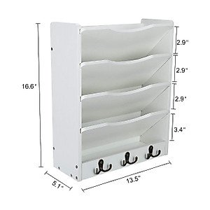 PAG 5-Tier Wall File Holder Hanging Mail Organizer Wood Magazine Literature Rack with 6 Hooks, White