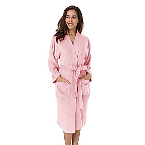 SIORO Terry Cloth Robes for Women Cotton Kimono Bathrobe Towel Soft Fuzzy Absorbent Long Sleeve Calf Length Robe Plush Warm Shower Housecoat，Light Pink Small