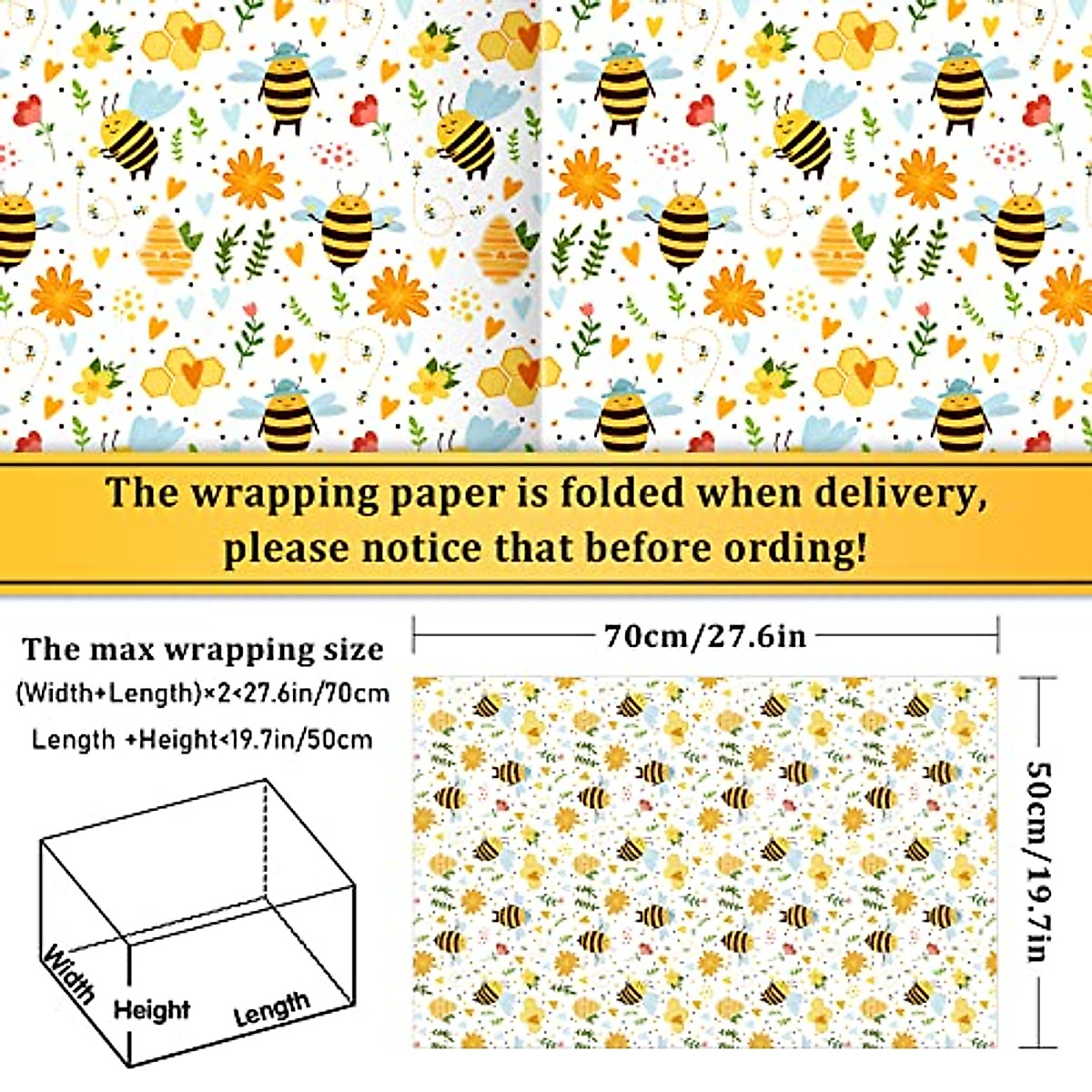 Whaline 12 Sheet Bee Wrapping Paper 4 Style Cute Bee Pattern Wrapping Paper Folded Buffalo Plaids Stripe Bee Art Paper 19.7 x 27.6in for Spring Summer Holiday Birthday Gift Wrap DIY Craft, Not Roll
