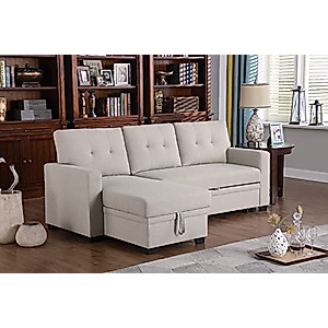 KTVTK 82" L-Shape Sleeper Sectional Sofa with Storage Chaise and Pull-Out Bed,Convertible Couch for Living Room,Apartment,Office,Beige, 82'