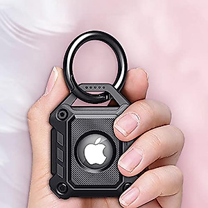 [2 Pack] LUSTAM Airtag Keychain Holder Case with Key Ring Loop, Polycarbonate Fullbody Shockproof Drop Proof Rugged Protector Hard Case for Apple Air Tag Finder - Black